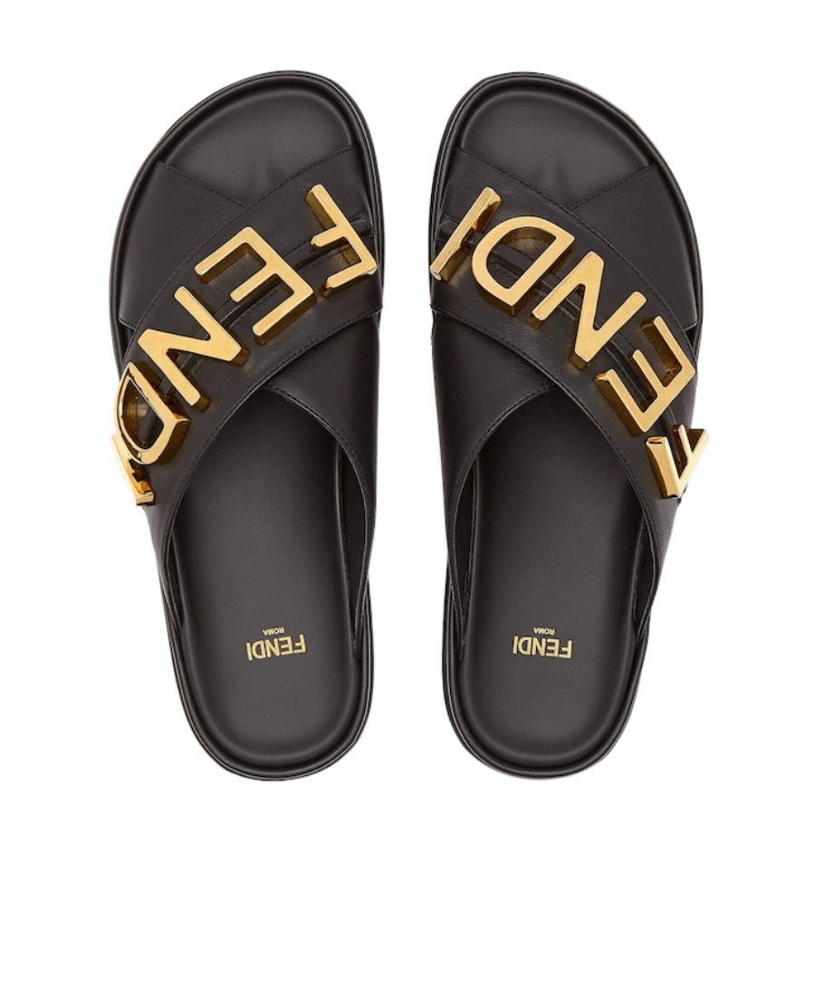 Fendi Logo-plaque Leather Sliders In Black | ModeSens