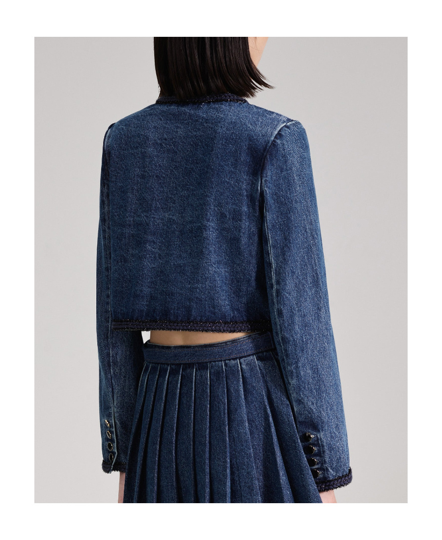 Self-portrait Cropped Braid-trim Denim Jacket In Blue | ModeSens